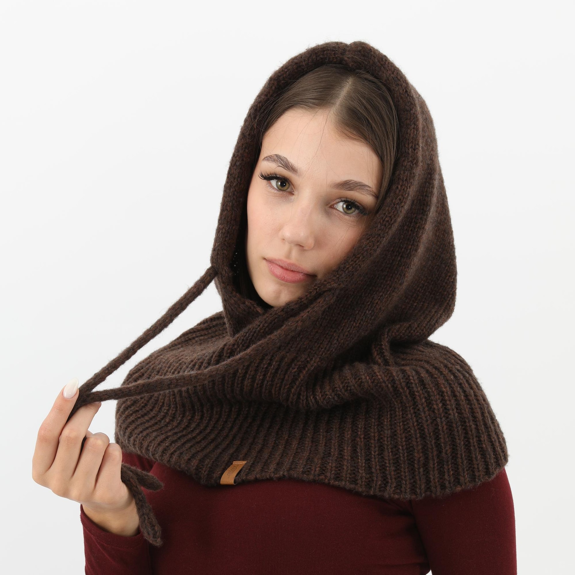 Brązowa czekoladowa balaklawa RELAKS z wełny merino i bawełny R96036-82 ...